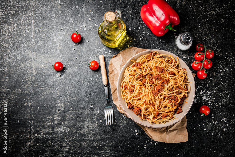 Ready made spaghetti bolognese on the table. Stock Photo | Adobe Stock