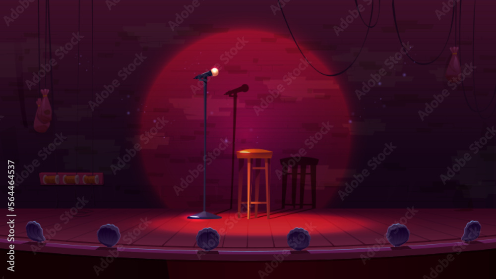 Stand up stage with mic and stool. Comedy show, music contest, karaoke ...