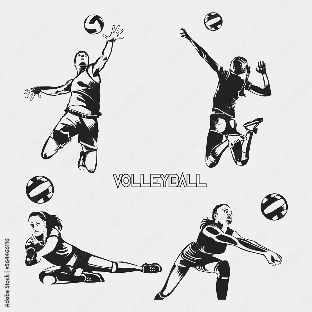 line art of volleyball players with their actions and style Stock ...