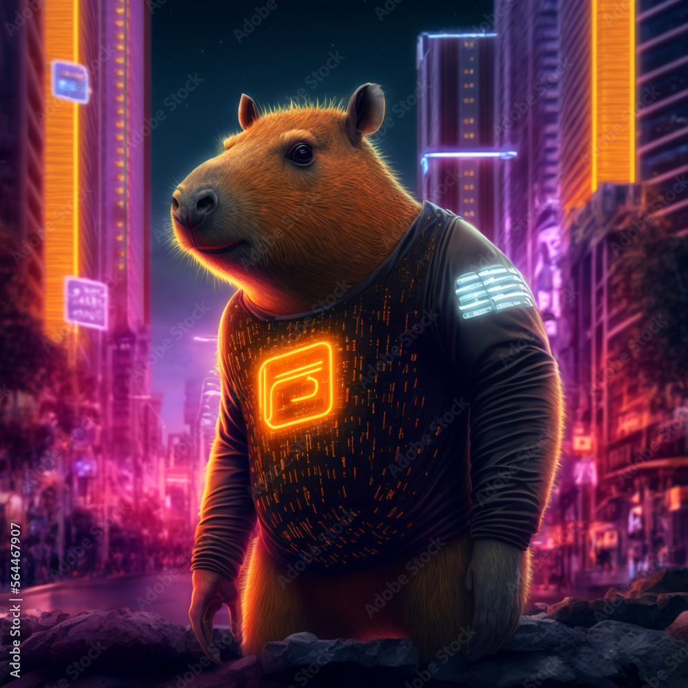 a capybara humanoid wearing a shirt, cyberpunk city with neon led on ...