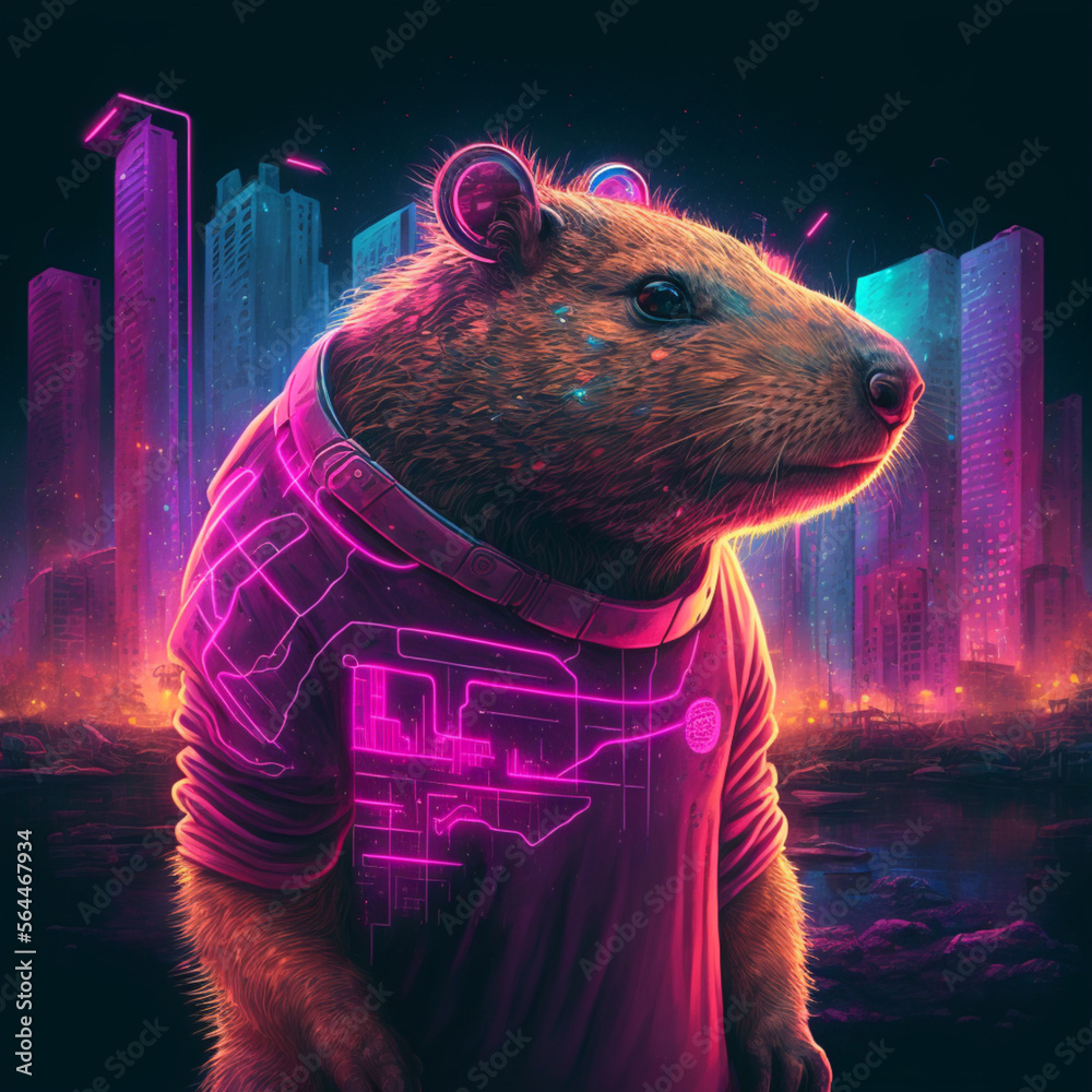 a capybara humanoid wearing a shirt, cyberpunk city with pink neon led ...