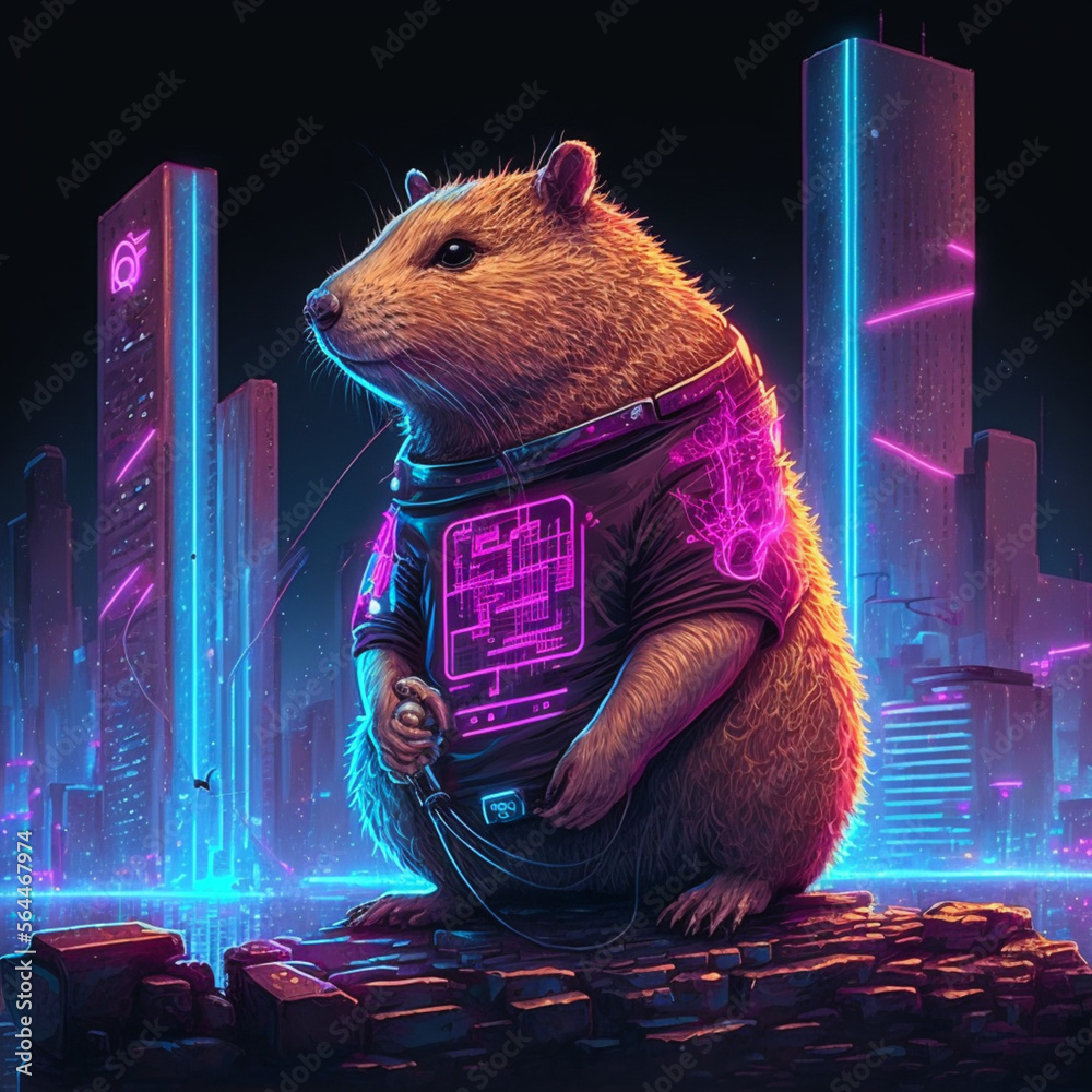 a capybara humanoid wearing a shirt, cyberpunk city with pink neon led ...