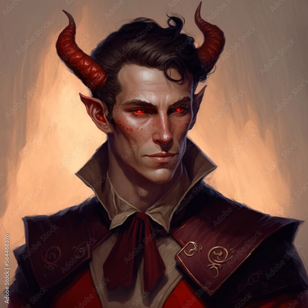 A Tiefling male with red skin, sharp appearance and noble background ...