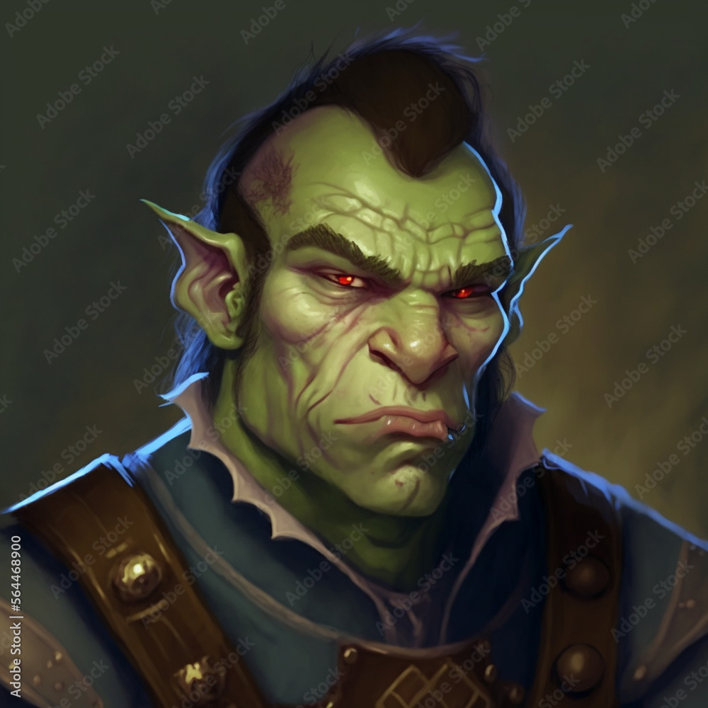 A photorealistic, medieval-style bust portrait of a Half-Orc male of ...