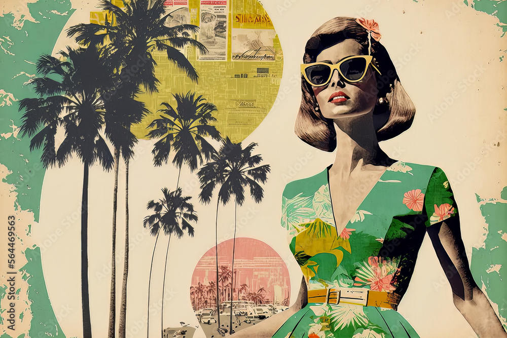 Summer travel vacation concept. 60s retro pop art background. Digital ...