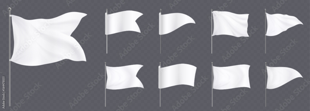 White flags and pennants on poles mockup. Blank fabric banners triangle ...