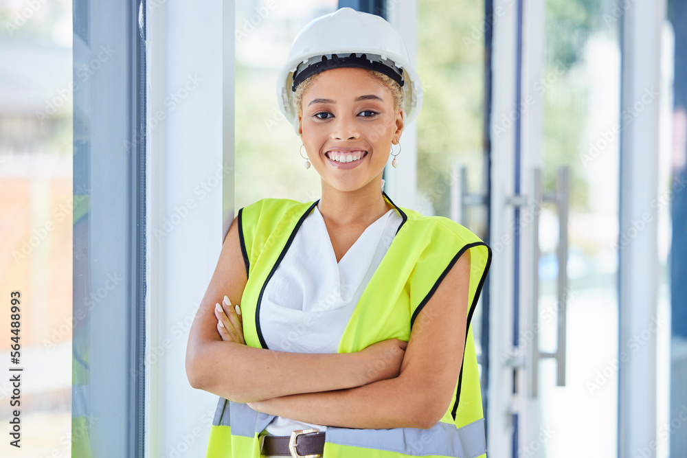 Portrait, construction worker or black woman in architecture for career ...