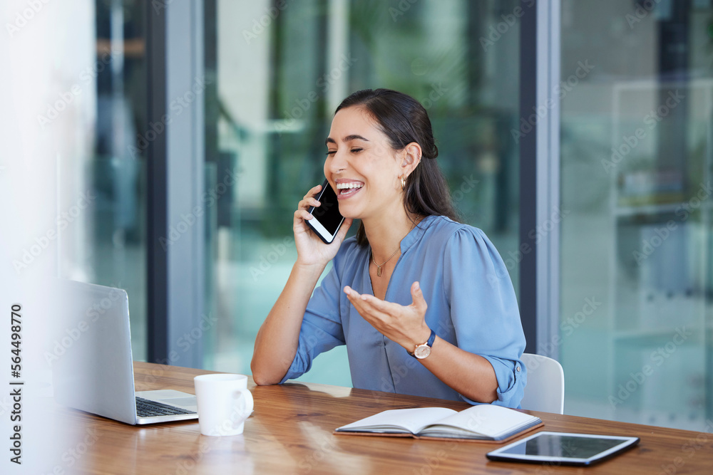 Phone call, communication and laugh with a business woman talking while ...