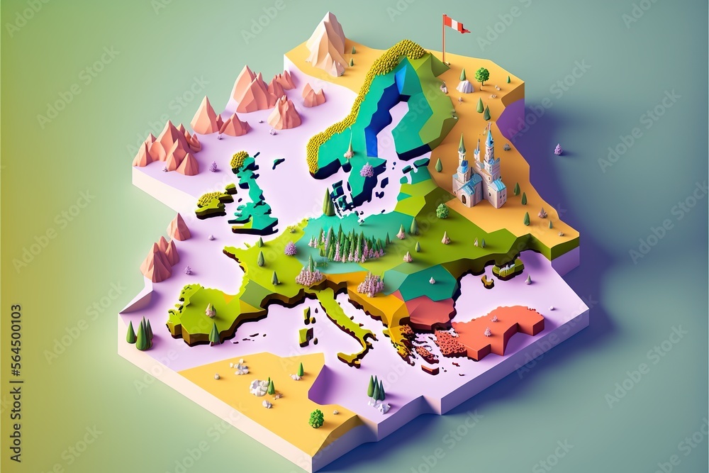 Map of Europe, pastel color, 3D render style, isometric view. Generative AI illustration. Stock ...