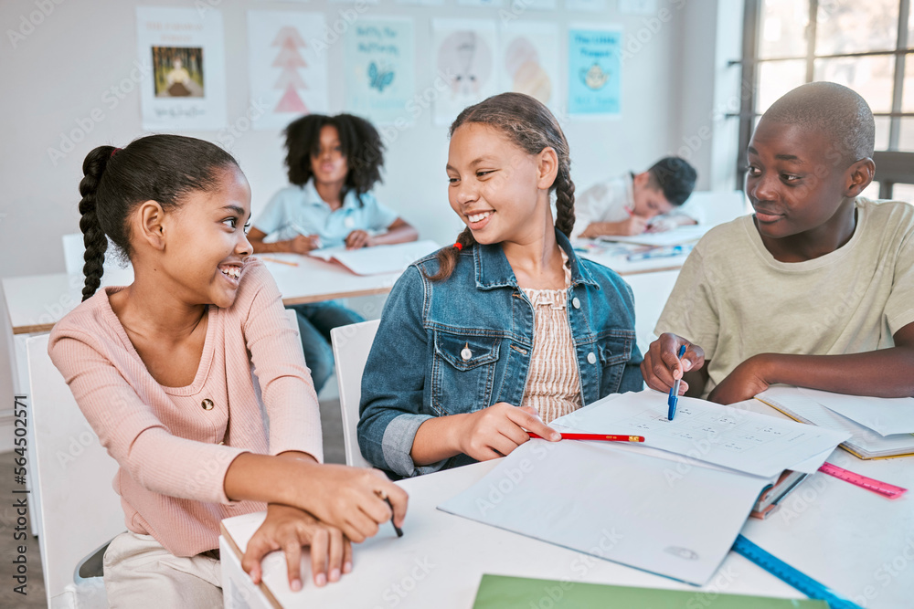 Friends, education and children talking in classroom, working together ...