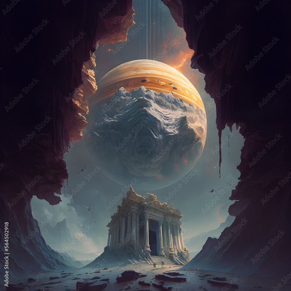A scifi book cover of a giant alien temple suspended above the surface ...