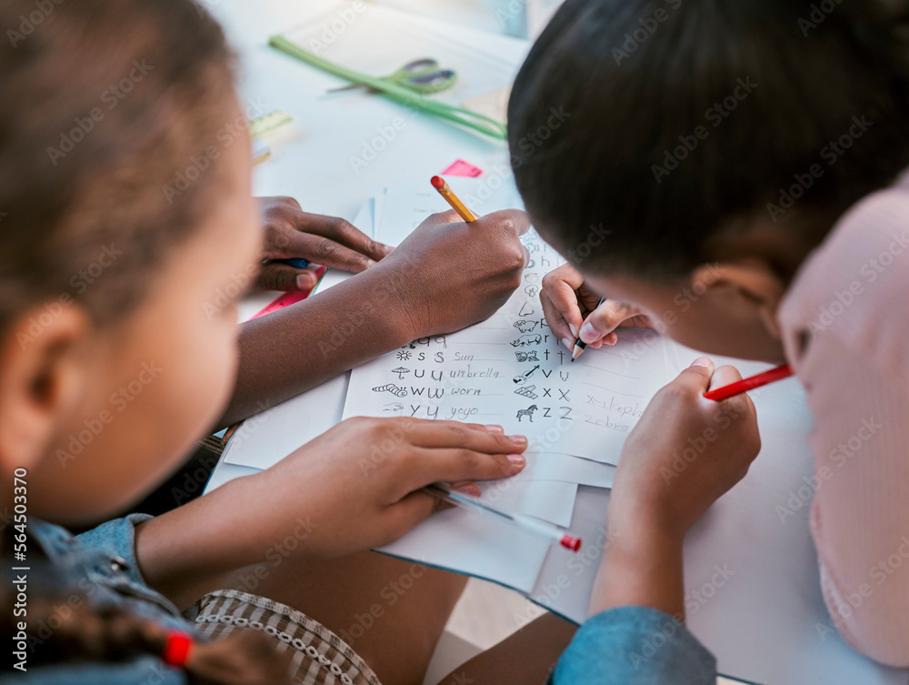 School, kids and hands writing for learning activity in group classroom ...