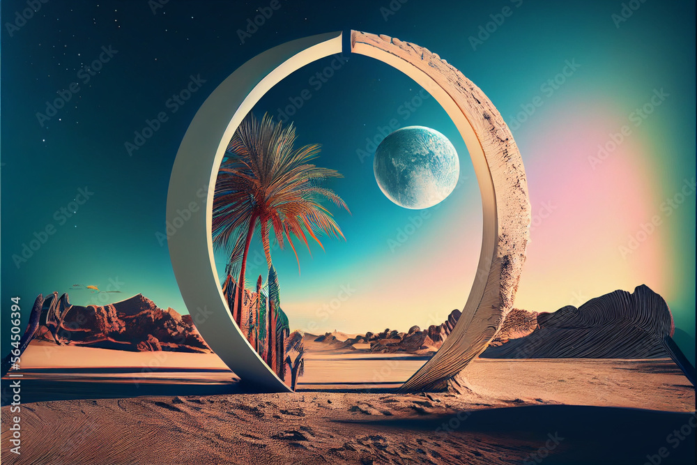 Beautiful abstract surreal landscape palm tree and space portal collage ...