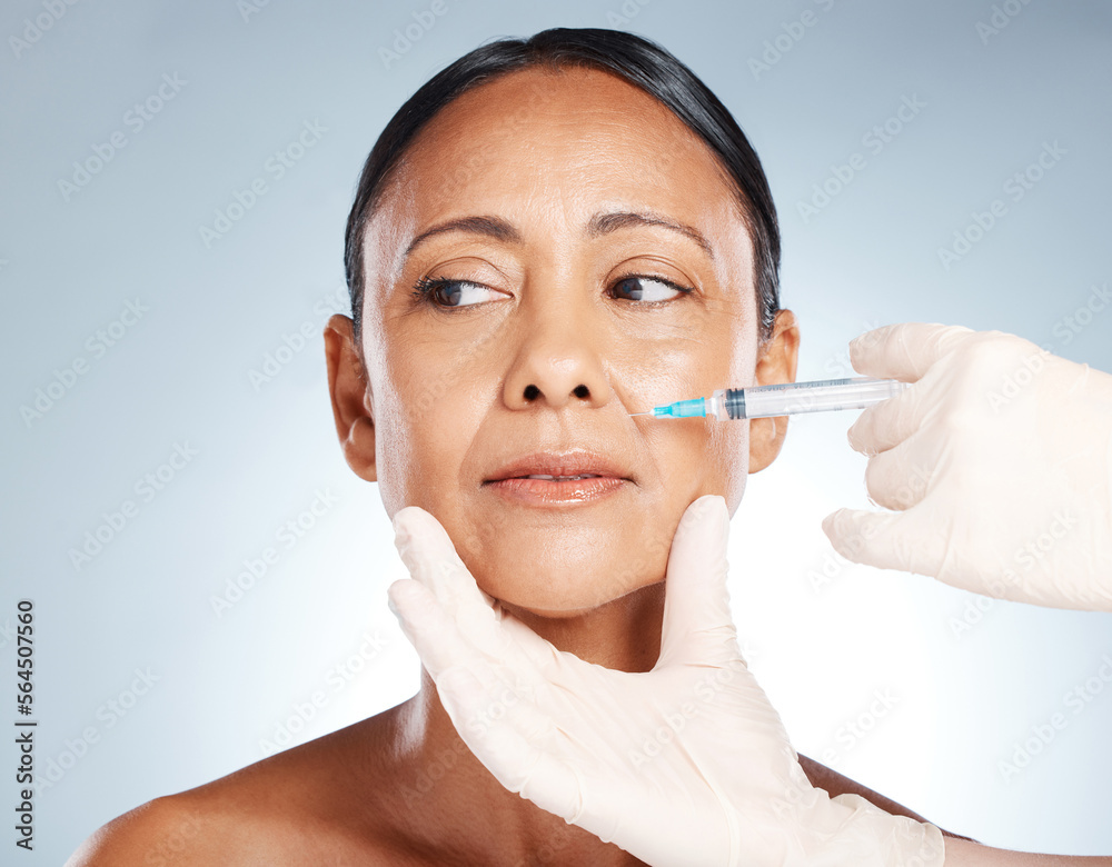 Syringe, woman face and plastic surgery with botox for skincare ...