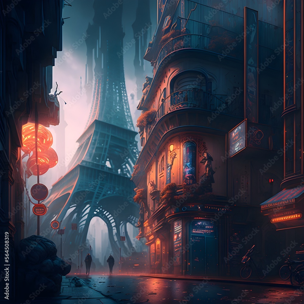 Paris cyberpunk city wallpaper illustration ilustração do Stock | Adobe ...