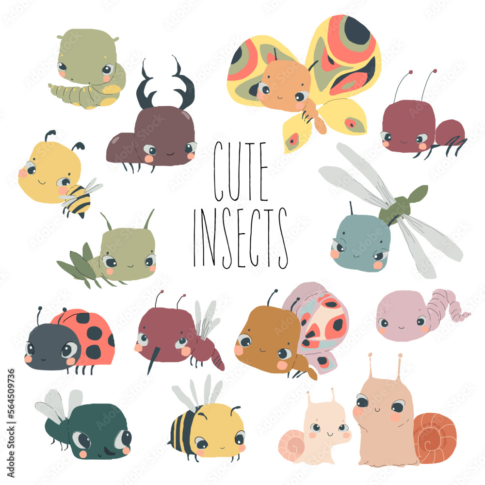 Cartoon Set with Cute Baby Insects on White Bckground Stock Vector ...