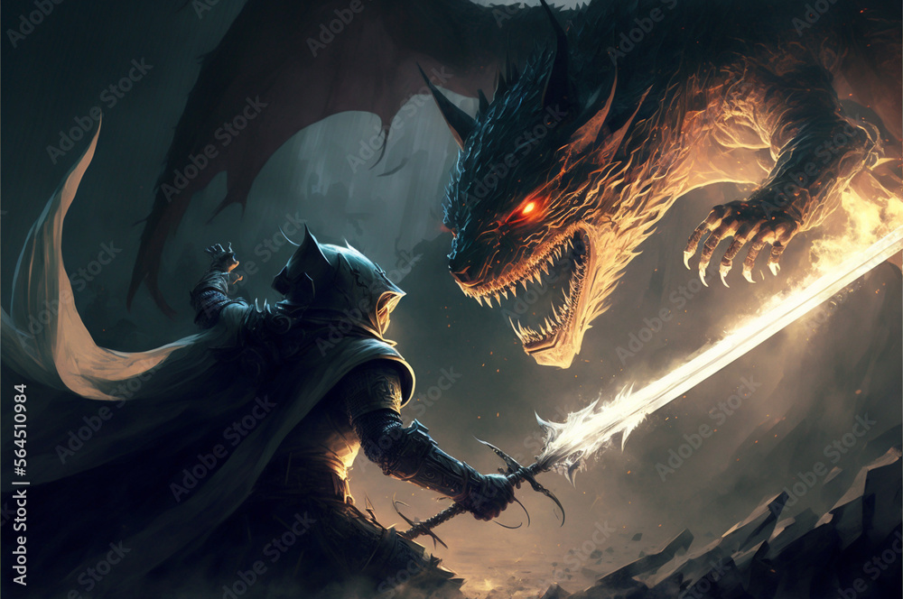 knight fight dragon in the fire Stock Illustration | Adobe Stock