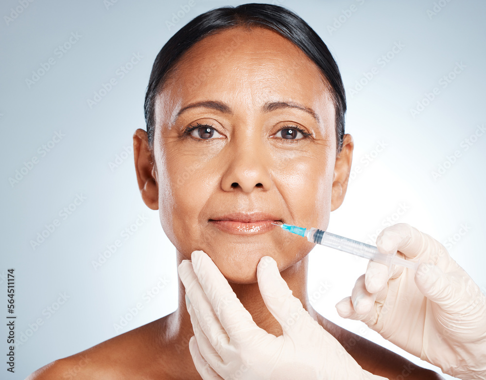 Injection, lip filler and portrait of woman face for plastic surgery ...