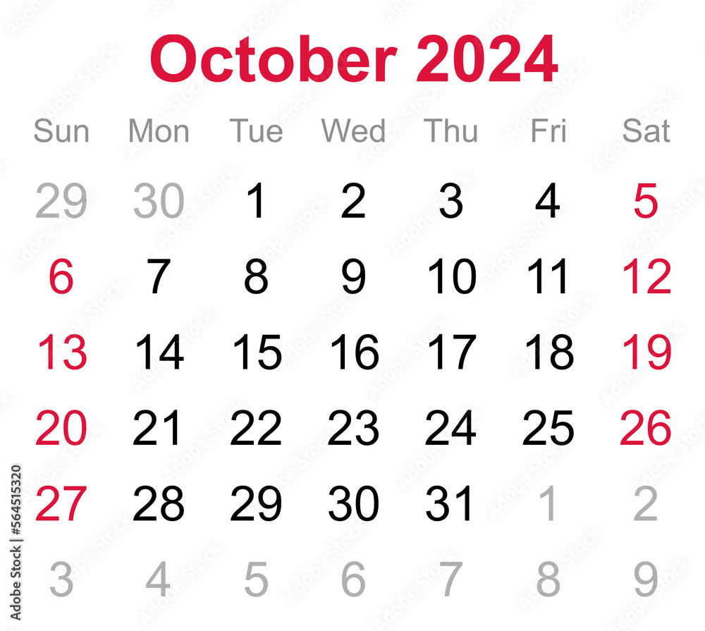 Monthly calendar of October 2024 on transparent background Stock ...