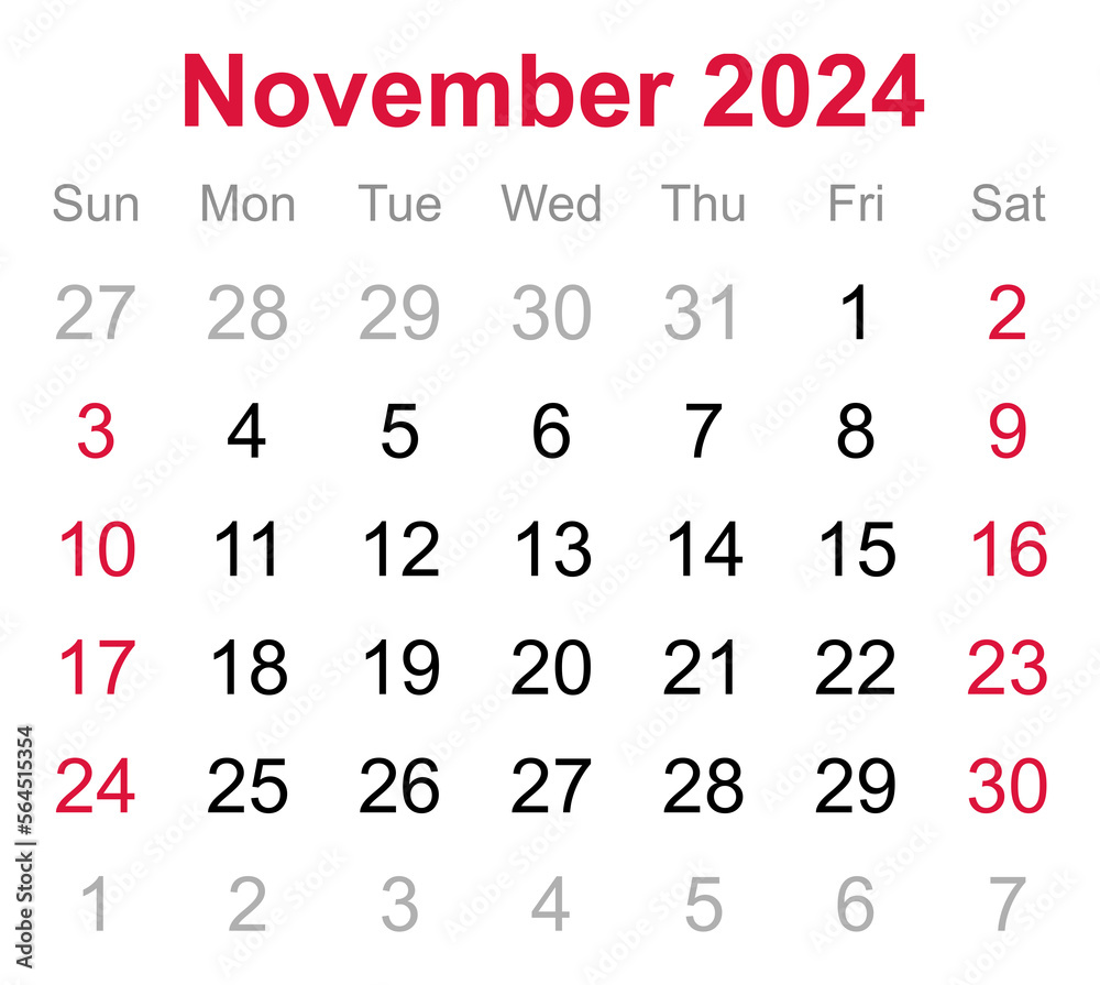 Monthly calendar of November 2024 on transparent background Stock ...