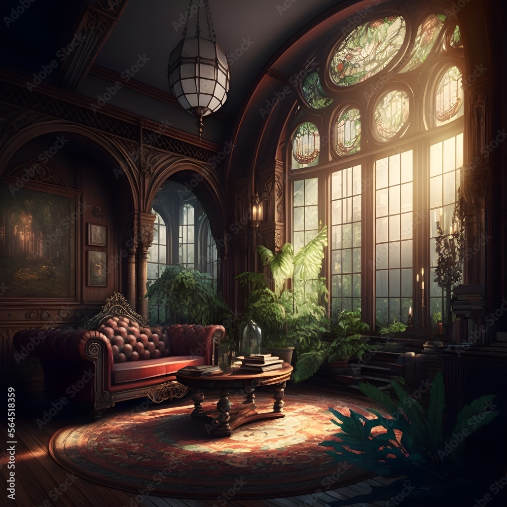 An old fashioned living room with huge stained glass windows with many ...