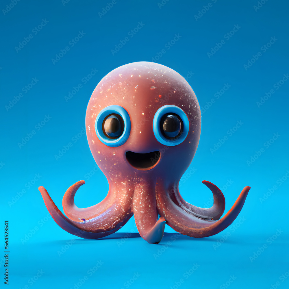 Cute smiling octopus emoji character with big eyes on a blue background ...