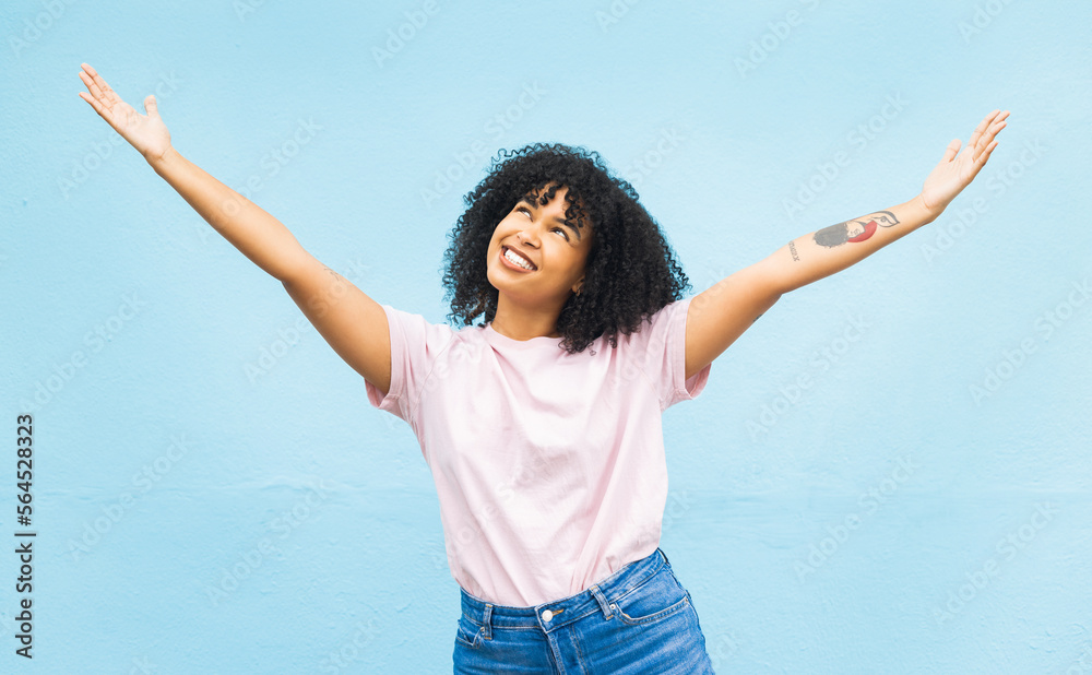 African woman, smile and open arms in studio for mockup, happiness ...