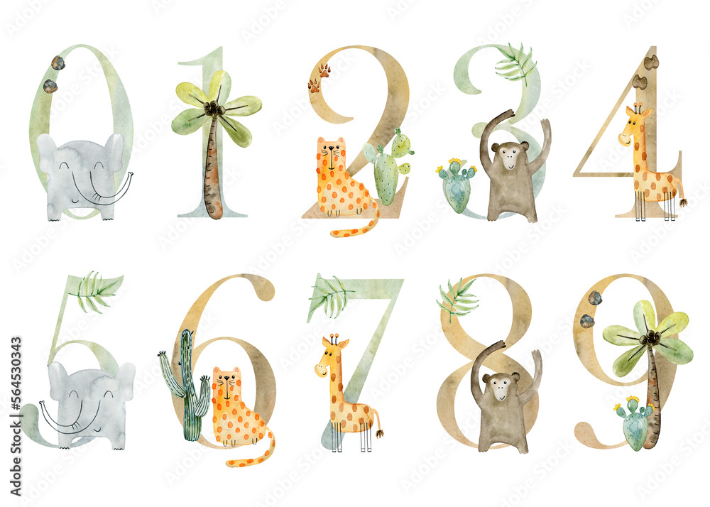Watercolor safari animals numbers for invitation card, nursery poster ...