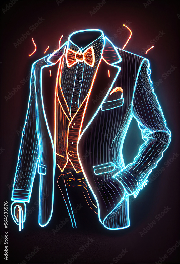 Formal tuxedo in neon contour lines advertisement and shop logo design ...