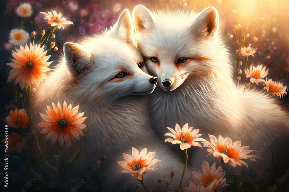 cute animal lover cuddle hug each other in blossom flowers field in dreamy fantasy spring time ...