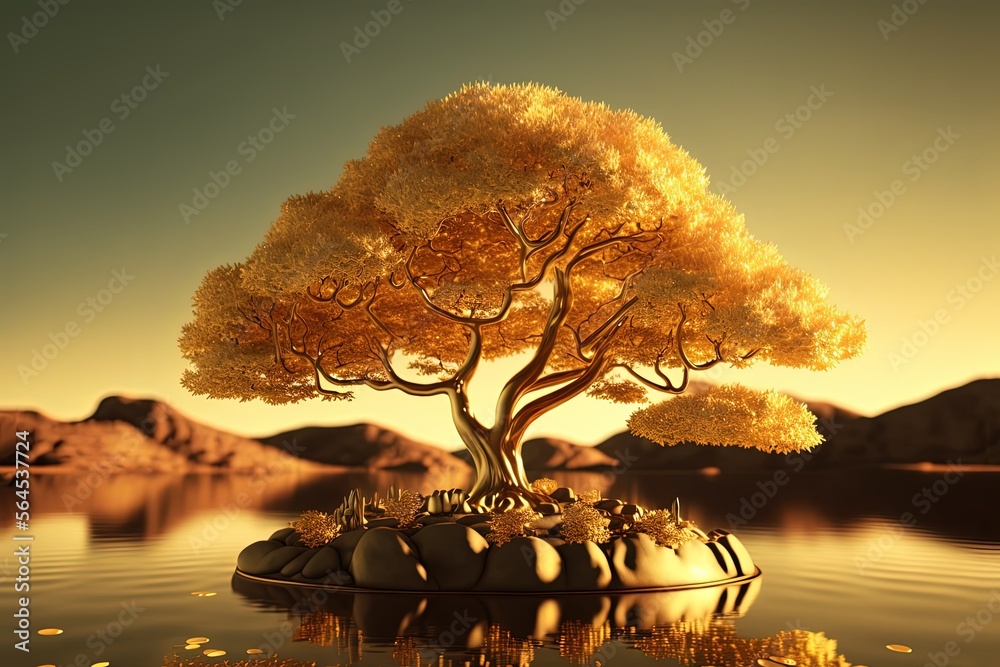 illustration of golden bonsai tree with gold leaves, idea for wealth ...