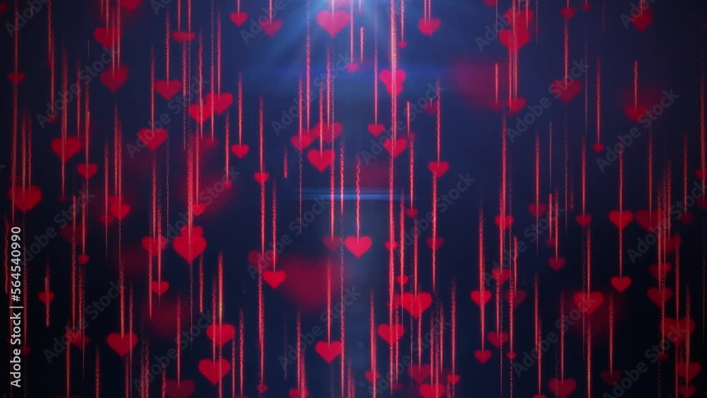 Beautiful red hearts falling in love and blue light rays coming from ...