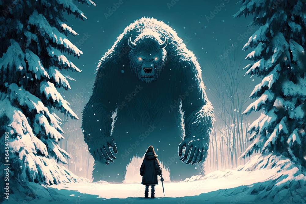 a man or a woman facing giant bear monster with no fear on town street ...