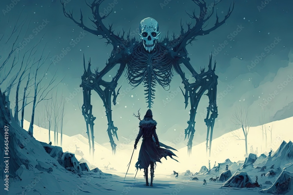 fantasy anime style illustration of a girl facing gigantic skeleton ...