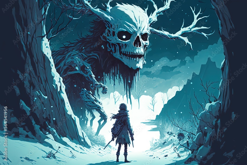 fantasy anime style illustration of a girl facing gigantic skeleton ...