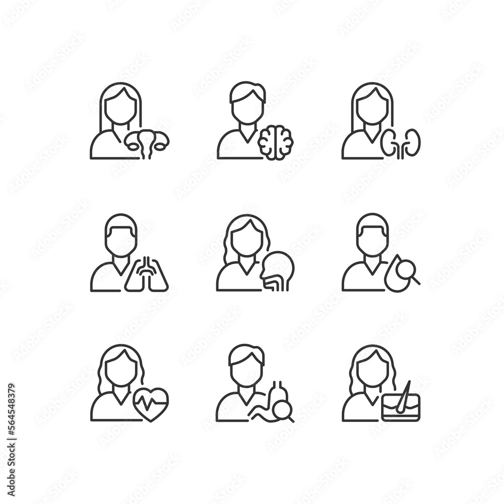 Hospital services pixel perfect linear icons set. Cardiologist ...