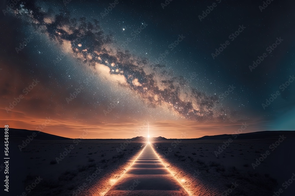 illustration of way to horizon with cloudy sky and star galaxy glow ...