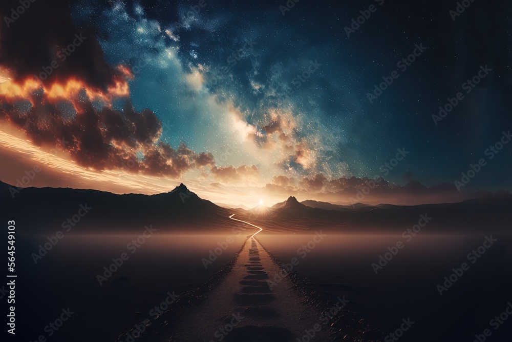 illustration of way to horizon with cloudy sky and star galaxy glow ...