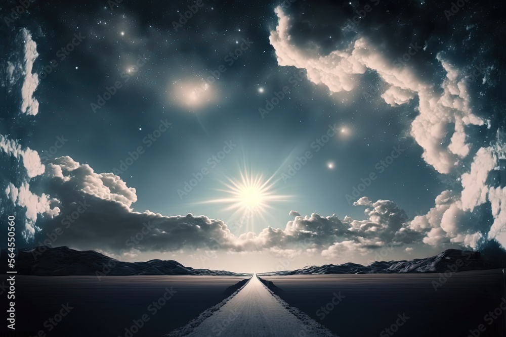 illustration of way to horizon with cloudy sky and star galaxy glow ...