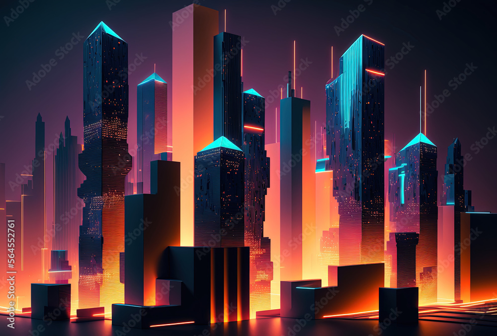 A futuristic night city in the distance glowing with neon light ...