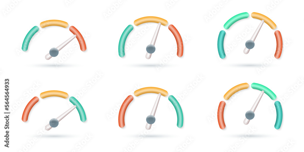 Speedometer 3d icon set. Gauge meter, speed indicator signs. Credit ...