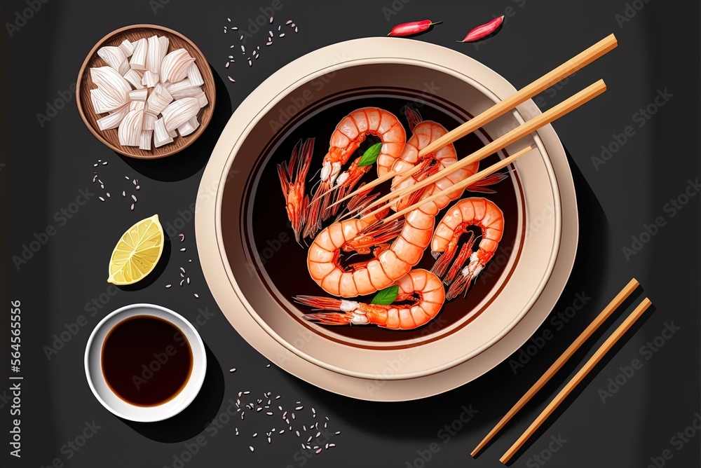 shrimp in a porcelain dish with sauce and chopsticks; the shrimp have ...