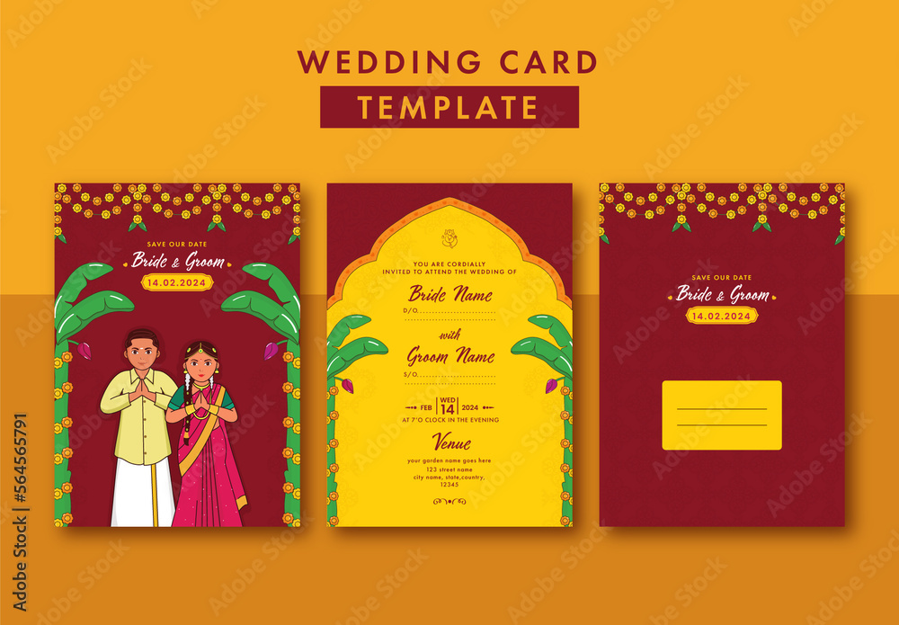 Hindu Wedding Invitation Card Layout with Bride and Groom Character ...