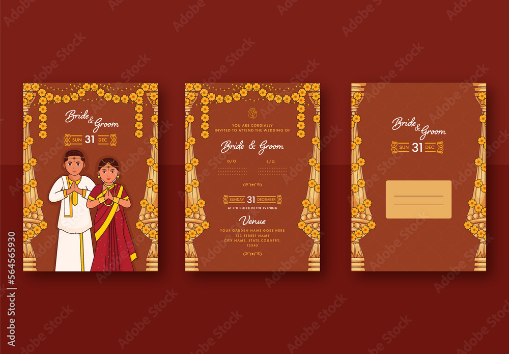 Hindu Wedding Invitation Card Layout with Bride and Groom Character ...