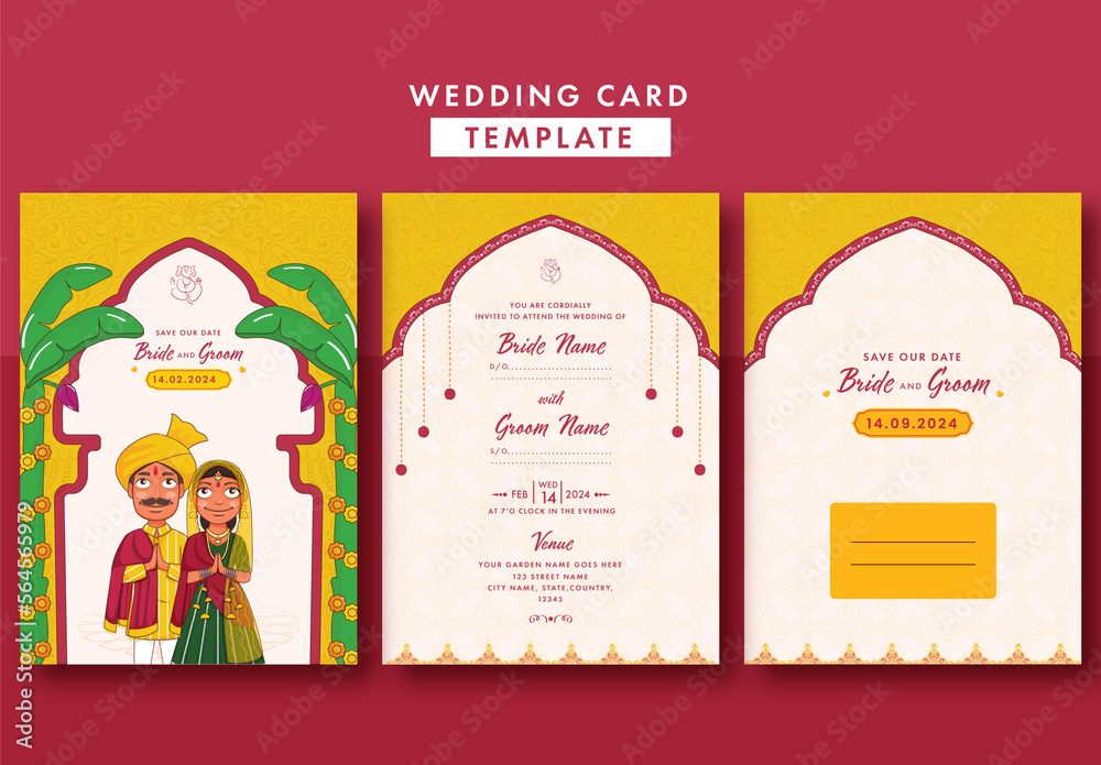Hindu Wedding Invitation Card Layout with Bride and Groom Character ...