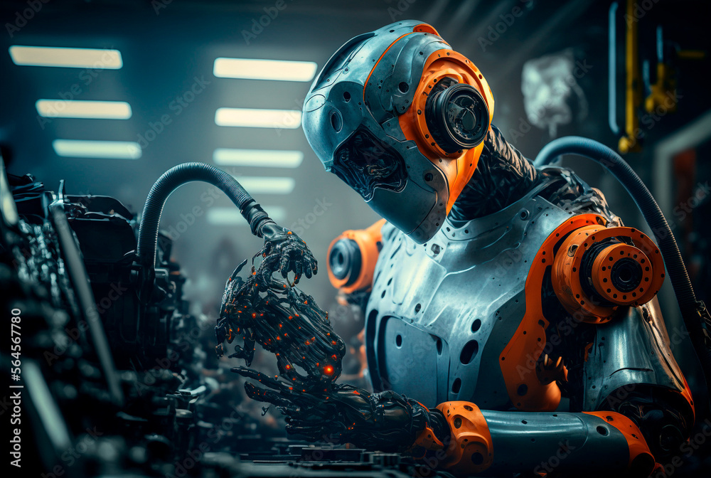 Generative AI illustration of a humanoid robot working in a future ...