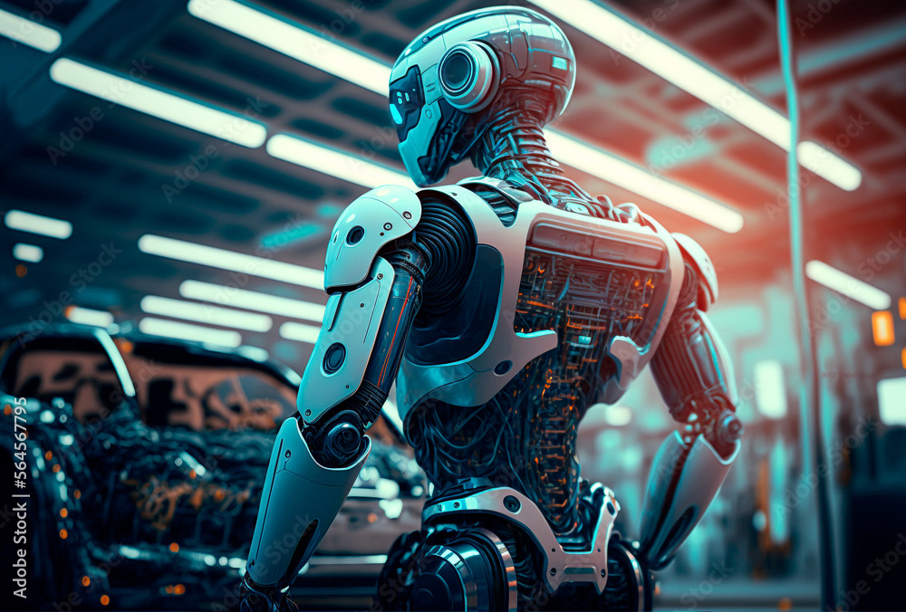 Generative AI illustration of a humanoid robot working in a future ...