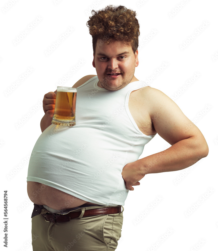 An overweight man looking content while balancing his beer on his ...