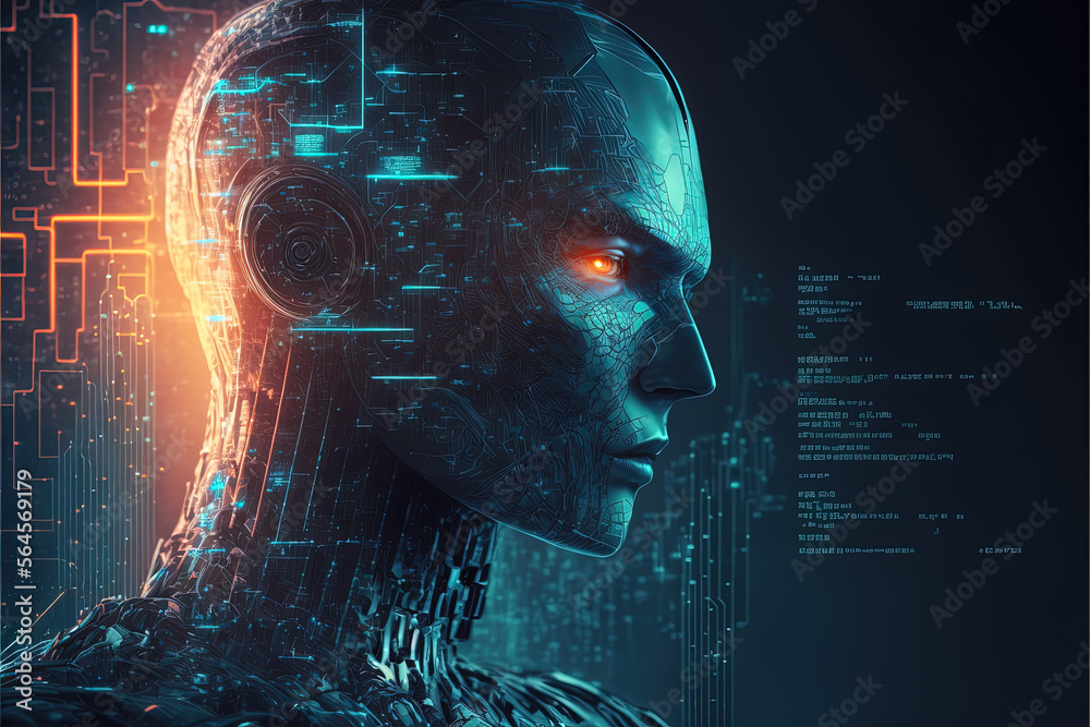 Robot humanoid head with binary code background. AI thinking brain ...