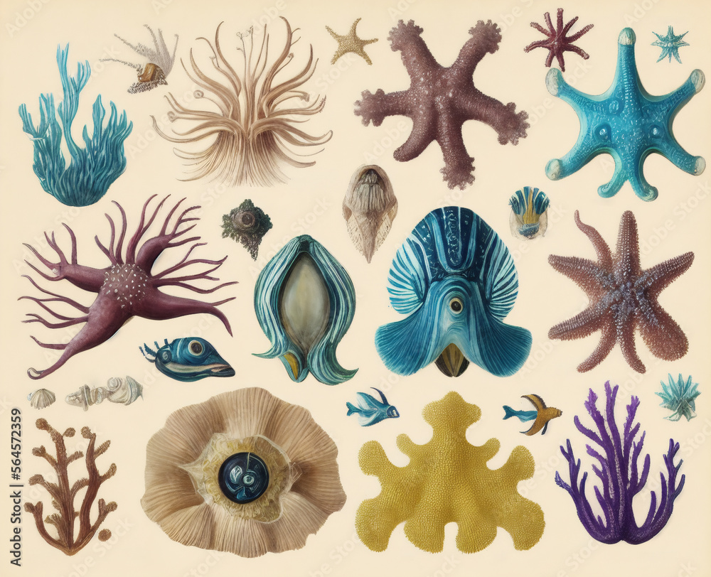 Vintage sea, ocean life poster, collection of sea creatures from the ...